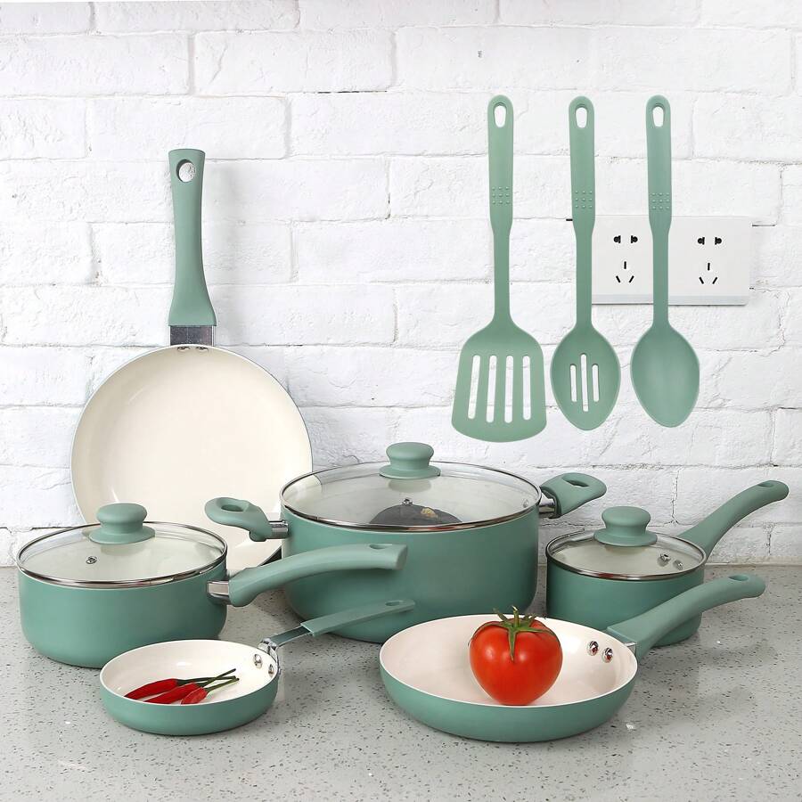 Ceramic Aluminum 12 Pieces Cookware Set Green Nonstick | SHEIN USA