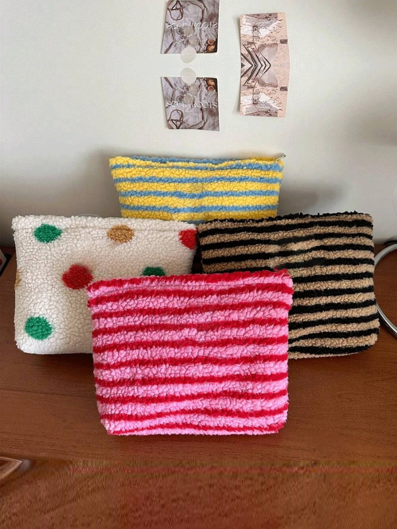 1pc Korean/Japanese Style Fluffy Polka Dot & Striped Cosmetic Bag ...