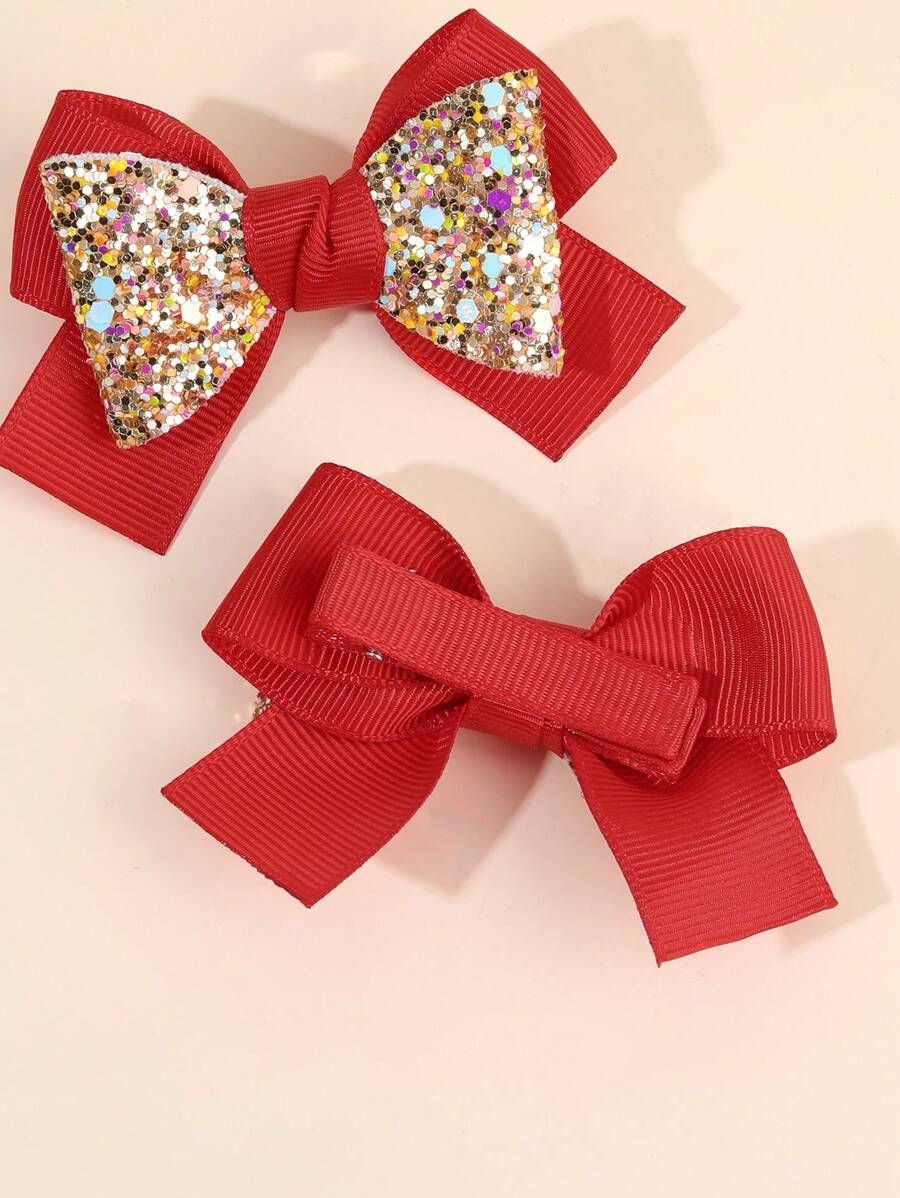 2pcs Red Hair Bows For Girls Sparkling Gold Glitter Bow Hair Clips Red ...