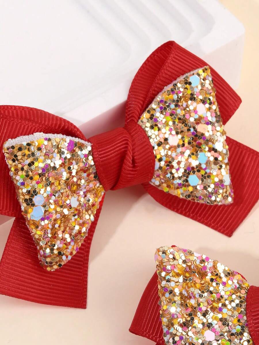 2pcs Red Hair Bows For Girls Sparkling Gold Glitter Bow Hair Clips Red ...