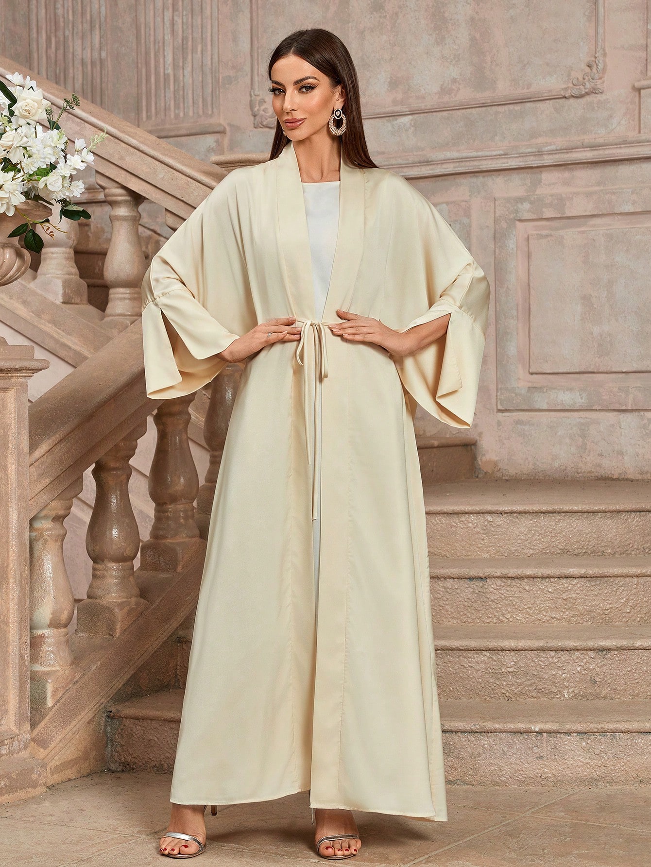 Ultrasoft Satin Abaya Arabic Muslim Women Dubai Slplit Sleeve Open ...