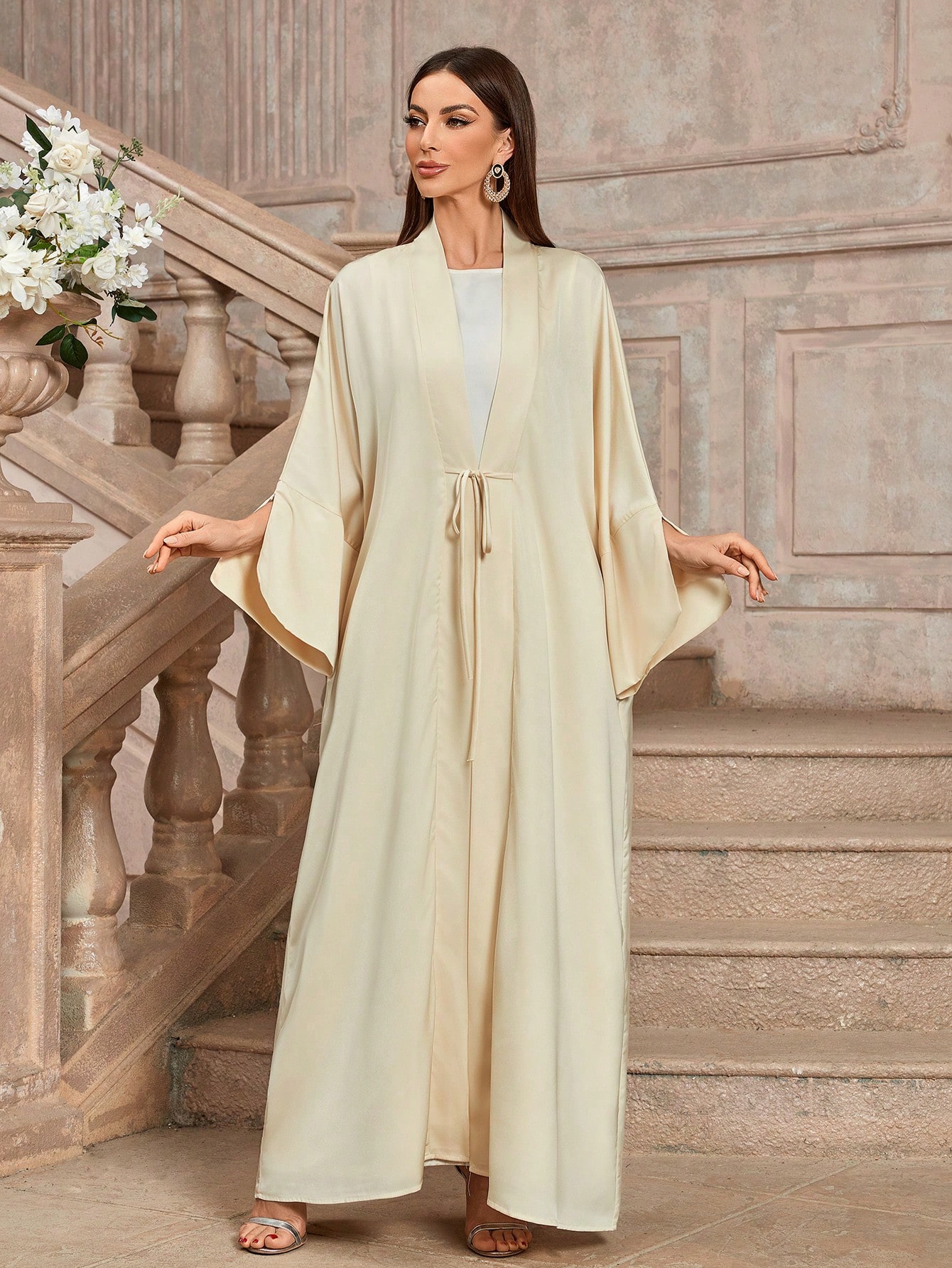 Ultrasoft Satin Abaya Arabic Muslim Women Dubai Slplit Sleeve Open ...