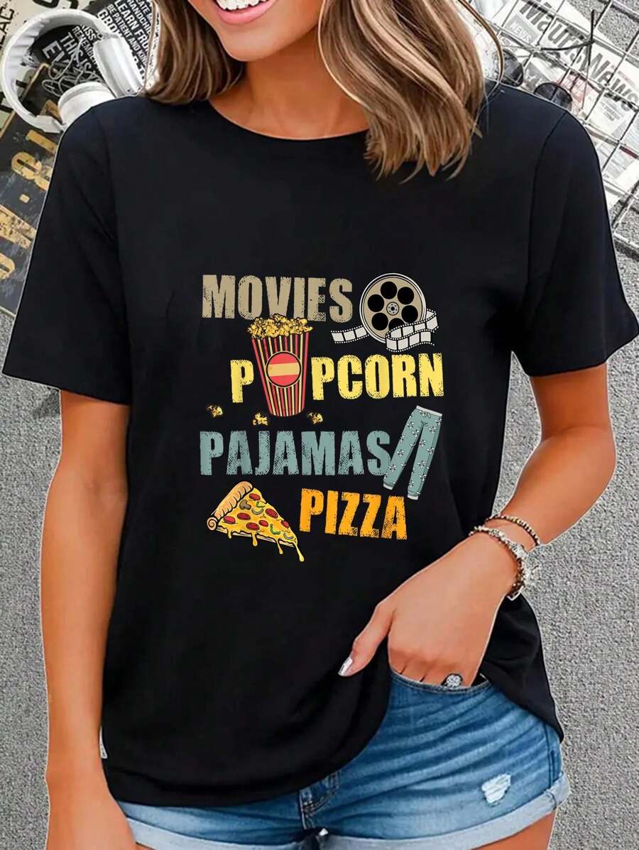 100% Cotton Movies Popcorn Pajamas Pizza Movie Night T-Shirt | SHEIN USA