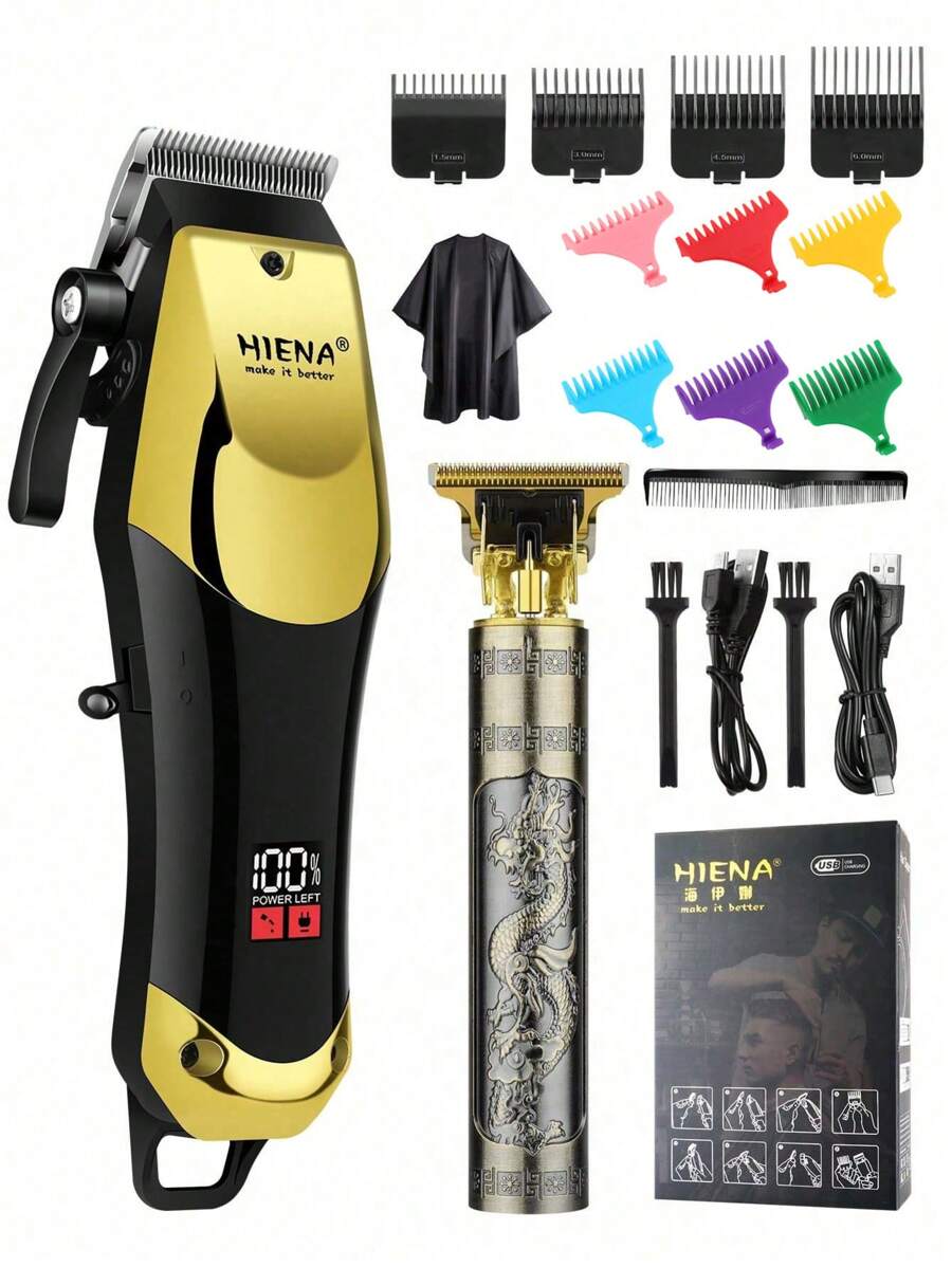HIENA 2 Pieces/Set Professional Hair Clipper Set, USB Rechargeable ...