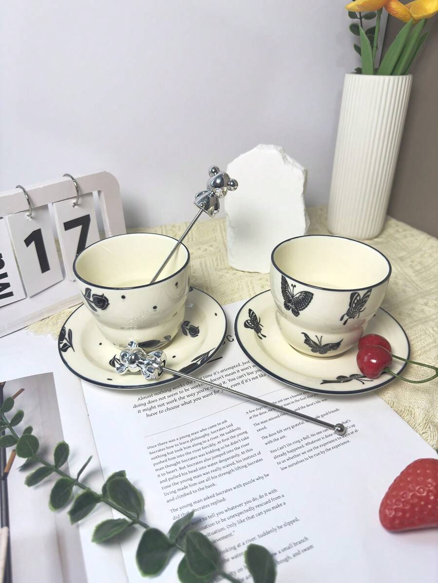 1set Butterfly/Tulip Ceramic Cup & Saucer With Stirring Spoon, Fresh ...