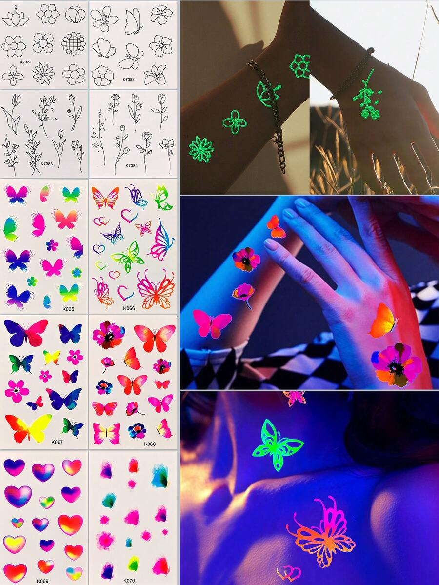 10pcs Glow-In-The-Dark Temporary Tattoo Stickers, Waterproof, Animal ...