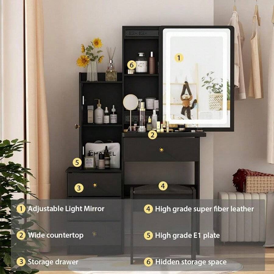 FAMAPY Modern Vanity Desk With Lighted Mirror & Glass Desktop, Makeup ...