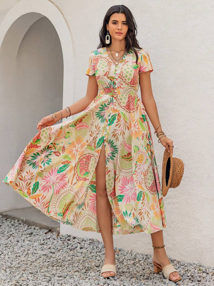 Rusttydustty Rusttydustty Bohemian Women Multi Color Floral V-Neck ...