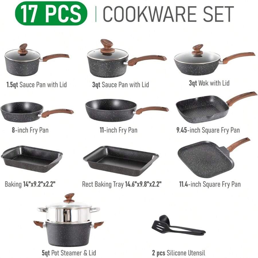 17 Piece Pots And Pans Set Kitchen Cookware Sets With Nonstick Granite ...