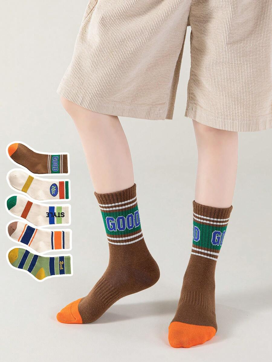 5 Pairs Kids' Sports Style Striped Letter Socks, For Boys And Girls ...