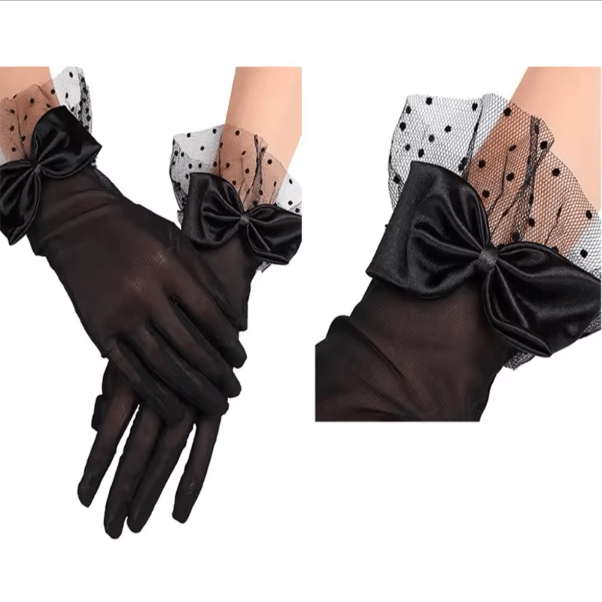 1 Pair Sexy Transparentes Dot Print Black Mesh Tulle Glove Spring ...