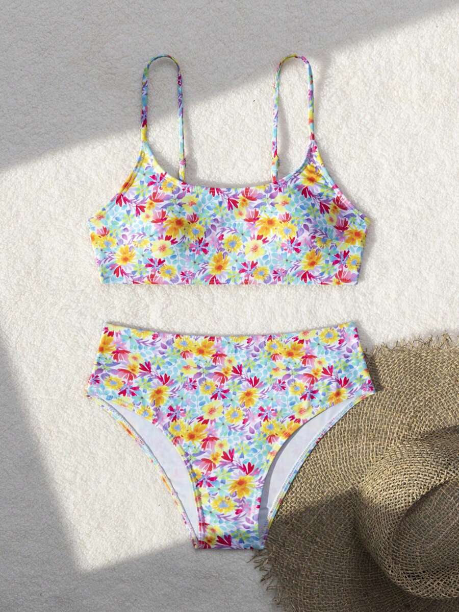Fashionable Cute Elegant And Ladylike Split Swimwear With Floral Prints Bikini Beach Pool