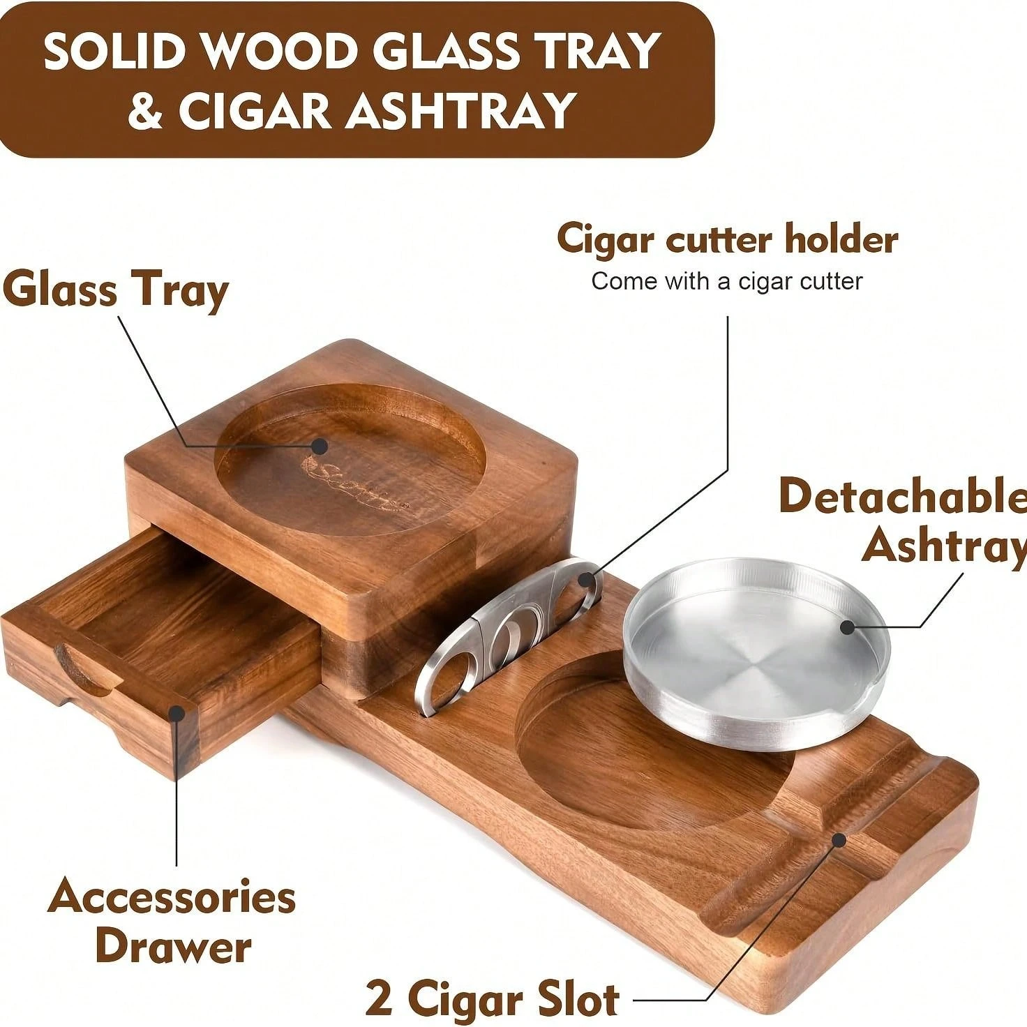 Luxury Wooden Cigar Ashtray With Cigar Drawer, Whisky Glass Holder ...