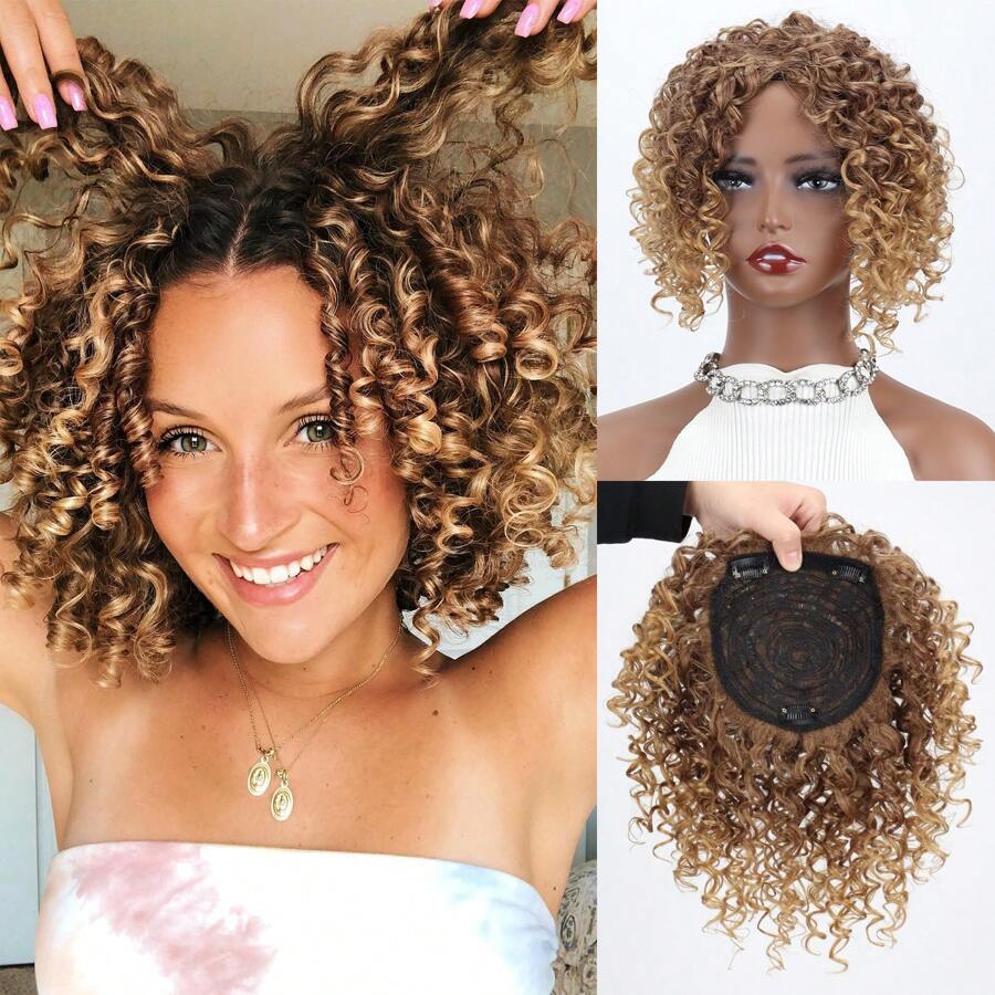 Sintético curto afro crespo cacheado cabelo toppers peças de cabelo ...