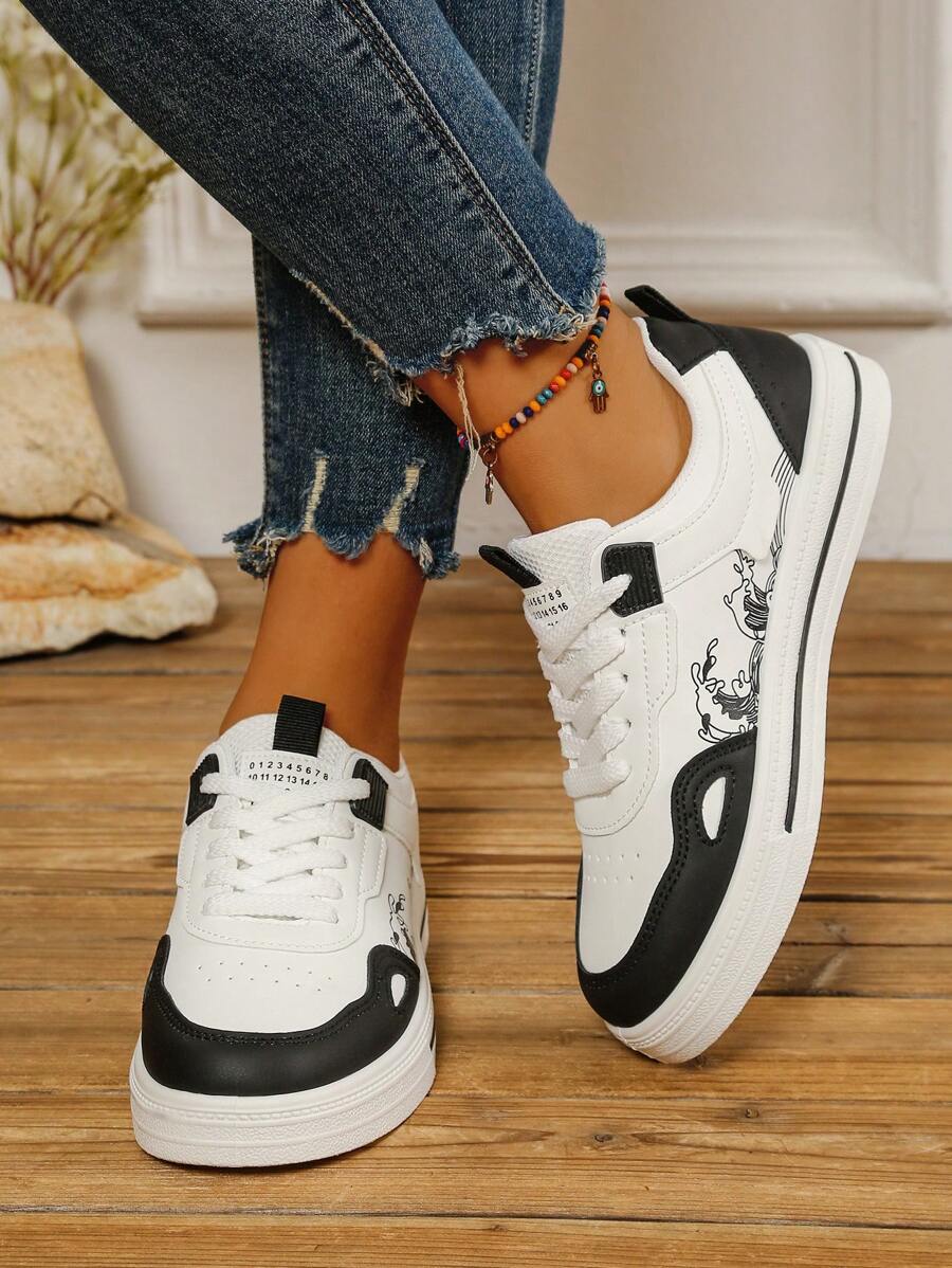 Women's Fashion Two-Tone Student Floral Print Casual Lace-Up Small ...