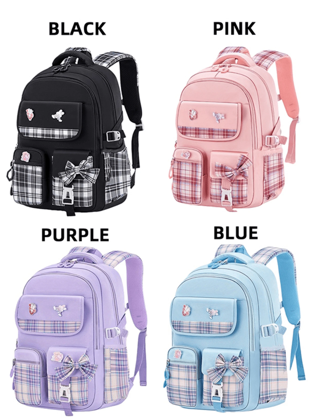 1pc Bow-Knot Plaid Girls Backpack, 18.1 Inch Large Capacity Schoolbag ...
