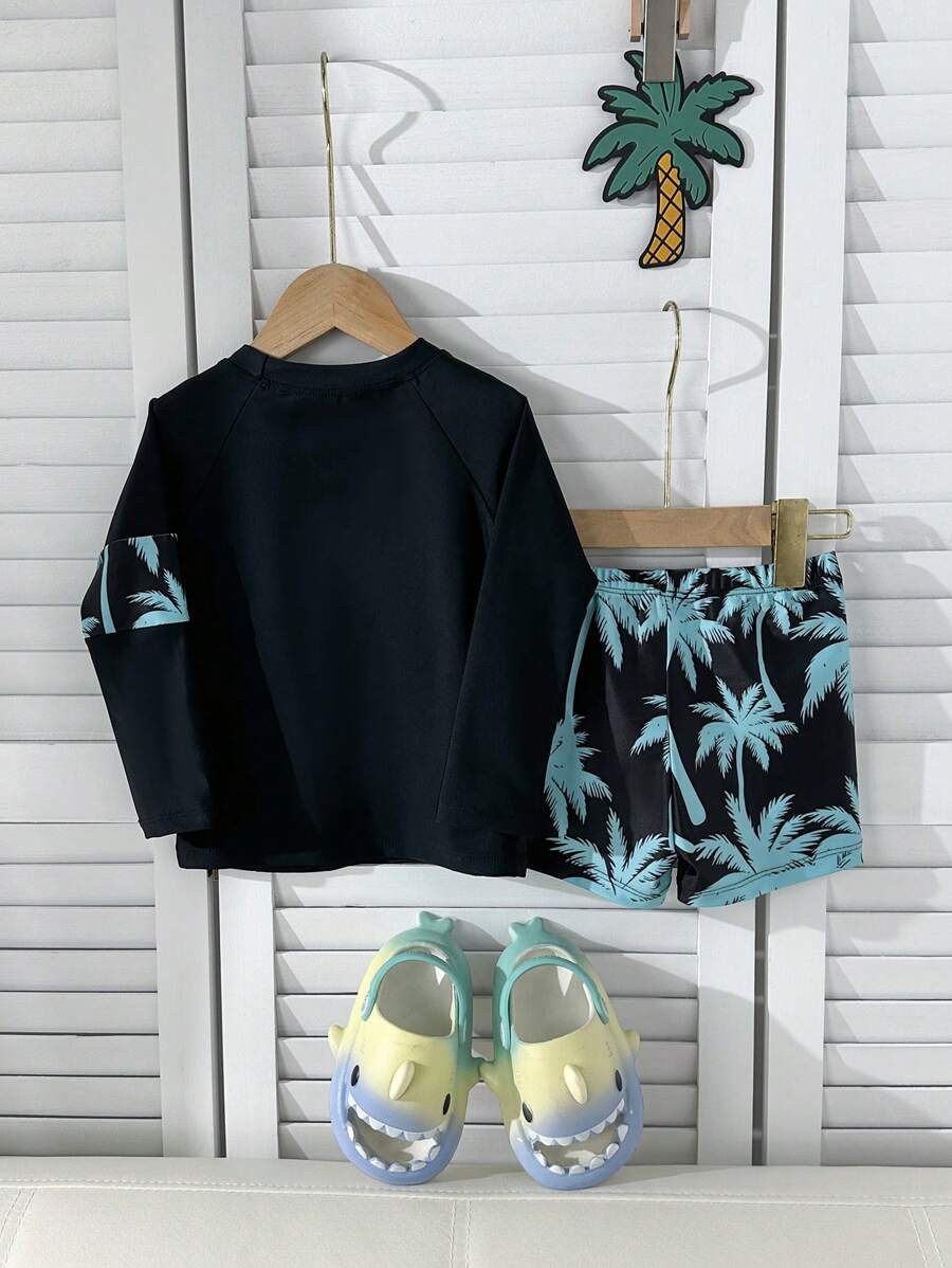 2pcs/Set Boys' Printed Long Sleeve Rash Guard And Swim Trunks, Summer ...