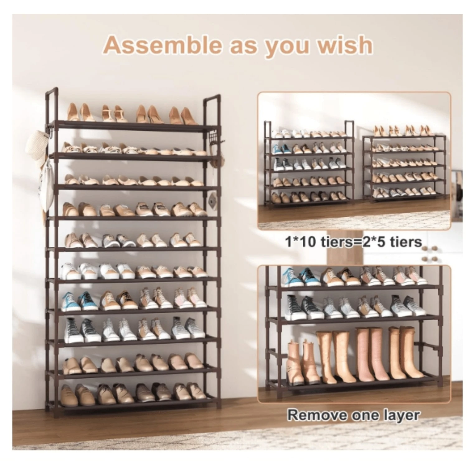 10 Tiers Shoe Rack Tall Large Capacity 50 Pairs Wide Shoe Organizer ...