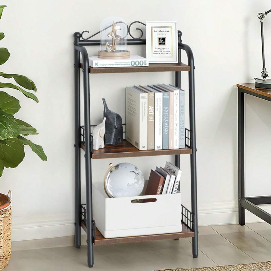 Small Bookshelf 3 Tier Bookcase, Metal And Wood Industrial Bookshelf ...