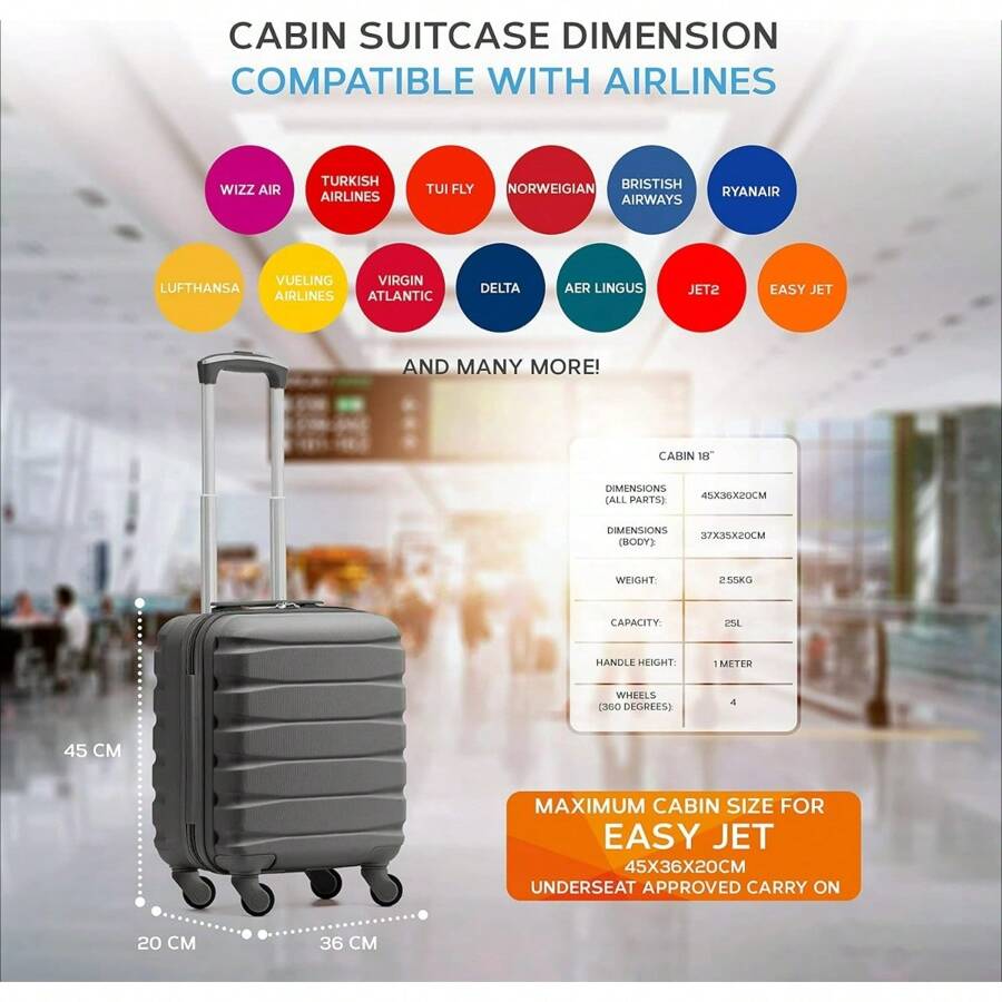 Lightweight 4 Wheel ABS Hard Case Suitcases Cabin Carry On Hand Luggage ...