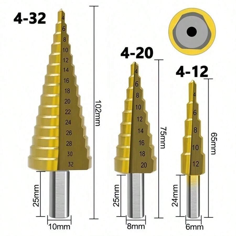 Kit 3 Step Drill Bit + 3 Titanium Steel Side Cutting Drill Bit ...