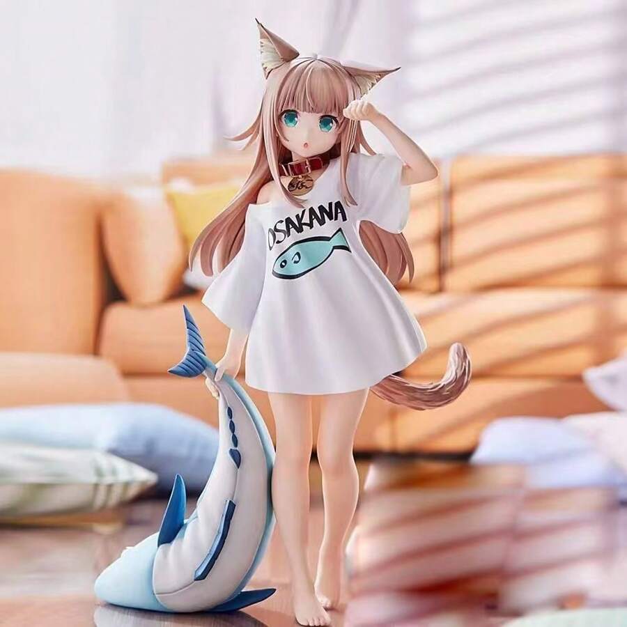 1pc Soybean Powder Eat Fish Seated Catgirl Figurine, Changeable Face ...