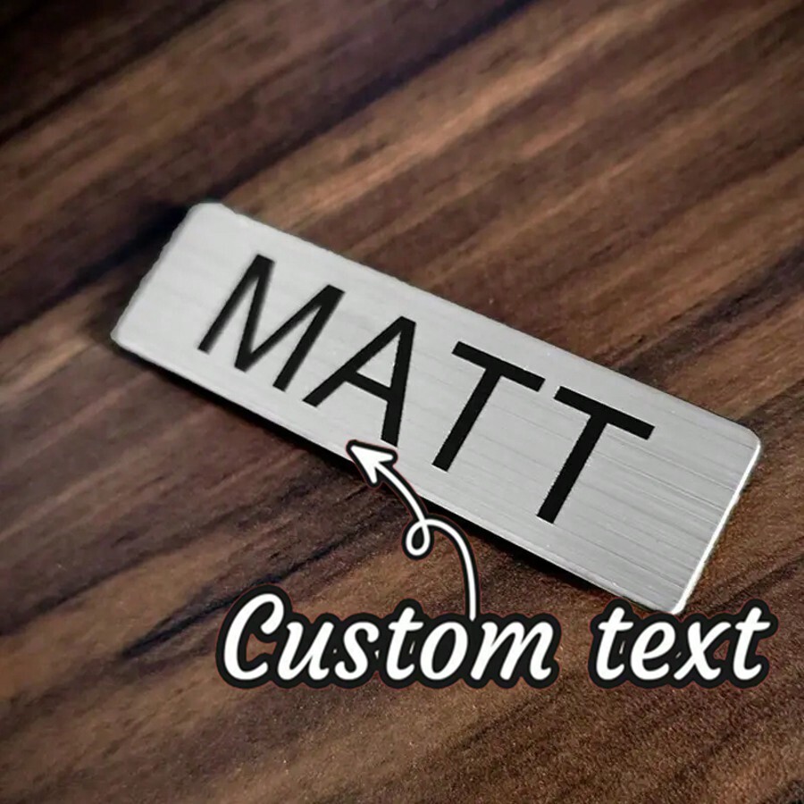 Custom Name Tags Clip Onto Brushed Silver Metal Plates With Black Text ...
