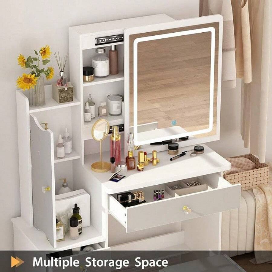 FAMAPY Modern Vanity Desk With Lighted Mirror & Glass Desktop, Makeup ...