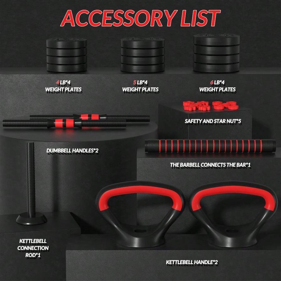 60LB 4-In-1 Portable Changeable Dumbbell, Barbell, And Kettlebell Set ...