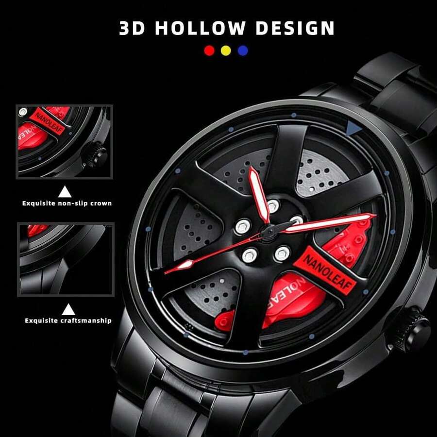Car Wheel Watch, Stainless Steel Men Wristwatch With Spinning Car Rim ...