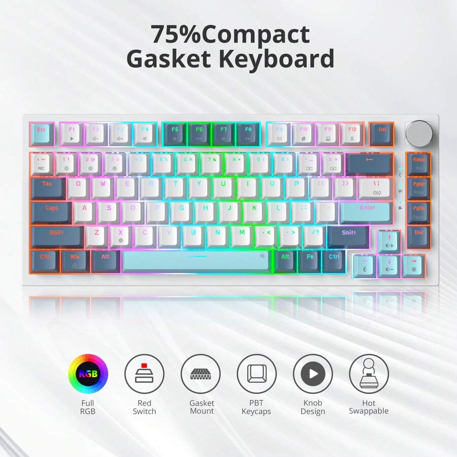 SURMEN Mechanical Keyboard 75 Percent, American QWERTY Hot Swappable ...