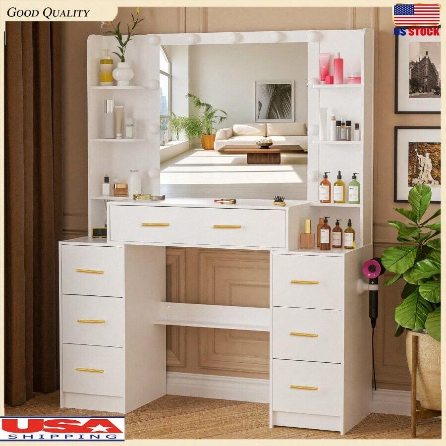 Bedroom Makeup Vanity Table Desk Set 7-Drawers W/ 11 LED Lighted Mirror ...