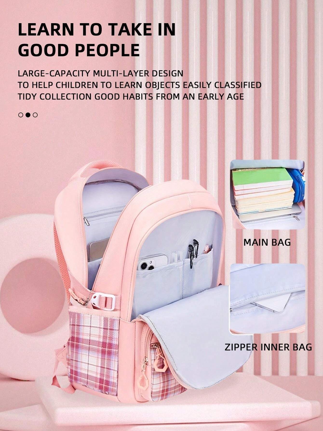 1pc Bow-Knot Plaid Girls Backpack, 18.1 Inch Large Capacity Schoolbag ...