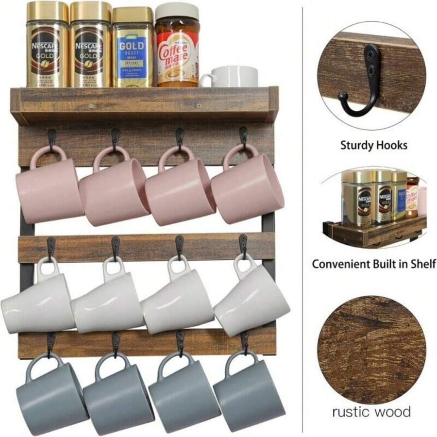 Rustic Wall Mounted Mug Rack - Cup Holder With Open Shelves And 12 ...