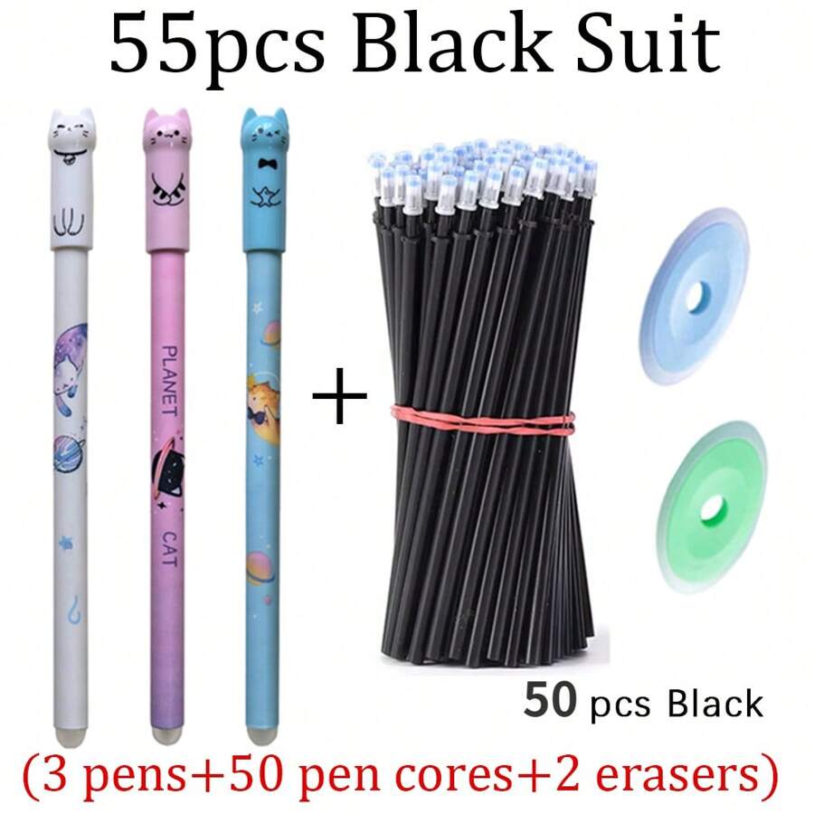 55 Pieces/Set Of Creative Cat Erasable Gel Pens, Blue Black Filler Bar ...