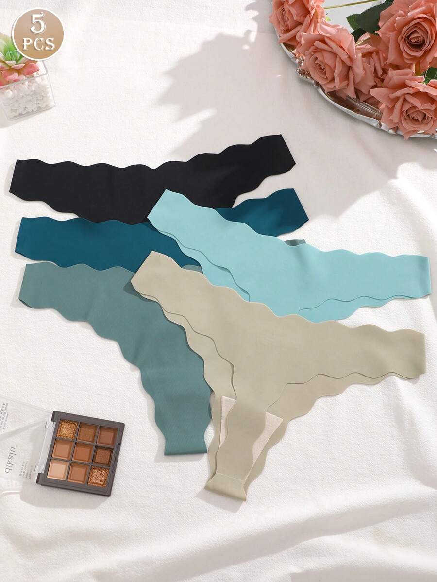 5pcs V-Shaped Waist Wave Seamless Thong Panties, Multi-Colors Sexy Low ...