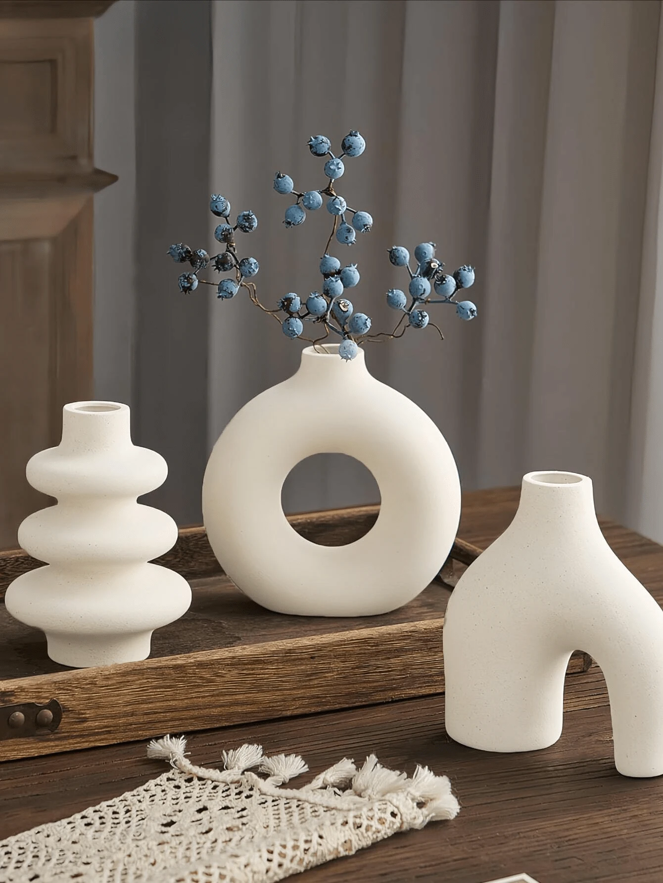 2-Piece Ceramic Vase Set For Modern Home Decor, Round Matte Donut Vase ...