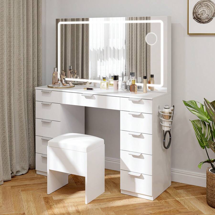 Vanity Desk With LED Mirror & Lights, Makeup Vanity Station 11 Drawers ...