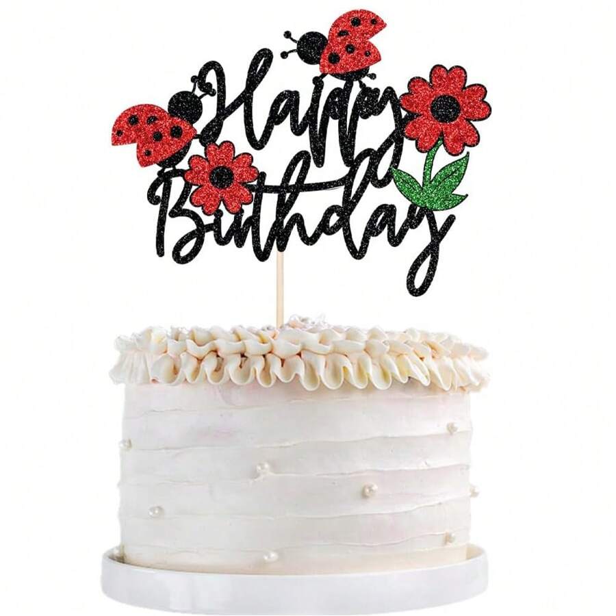 1pc Glitter Ladybug Happy Birthday Cake Topper- Daisy Spring Ladybug ...