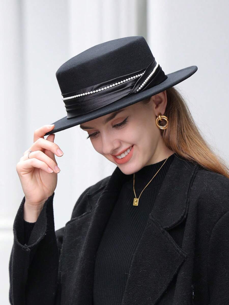 LEAJOURNO. 1pc French Vintage Flat Top Hat, Pearl Satin Flat Brim Wide ...