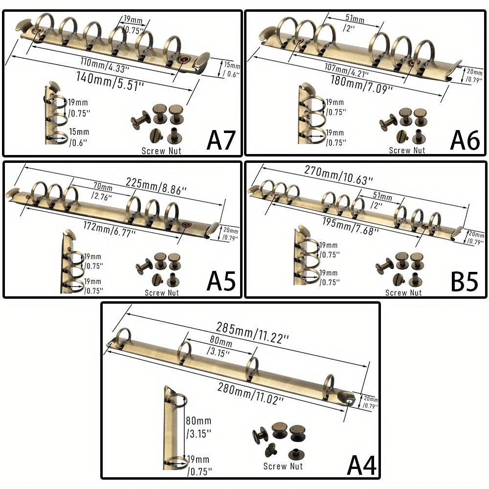 2pcs A4 A5 B5 A6 A7 4-Ring 6-Ring 9-Ring Refill Kit, Bronze Metal ...