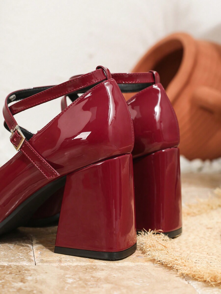 Décolleté Mary Jane rossi da donna taglia grande, tacchi spessi in pelle con punta quadrata ...