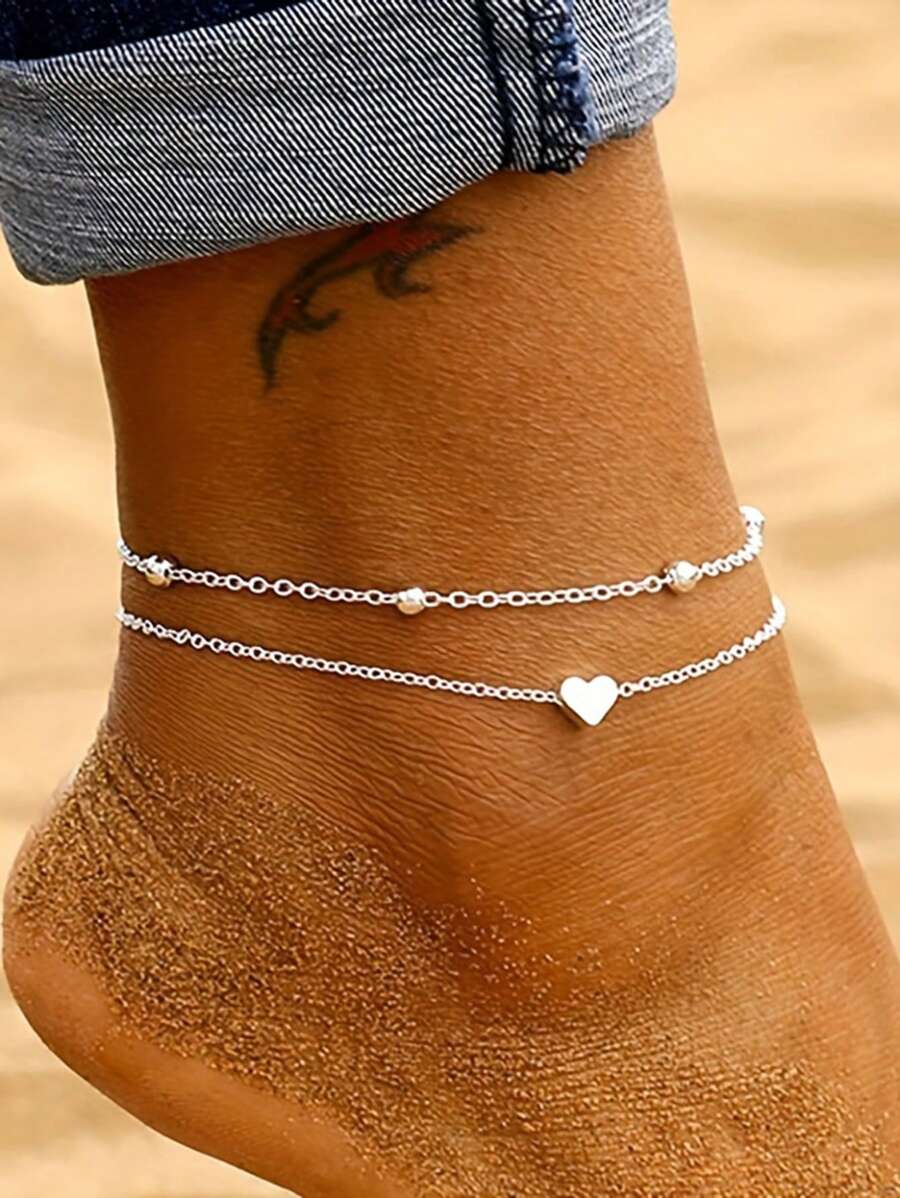1pc Foot Chain Heart Foot Chain Personalized Double-Layer Simple Love ...