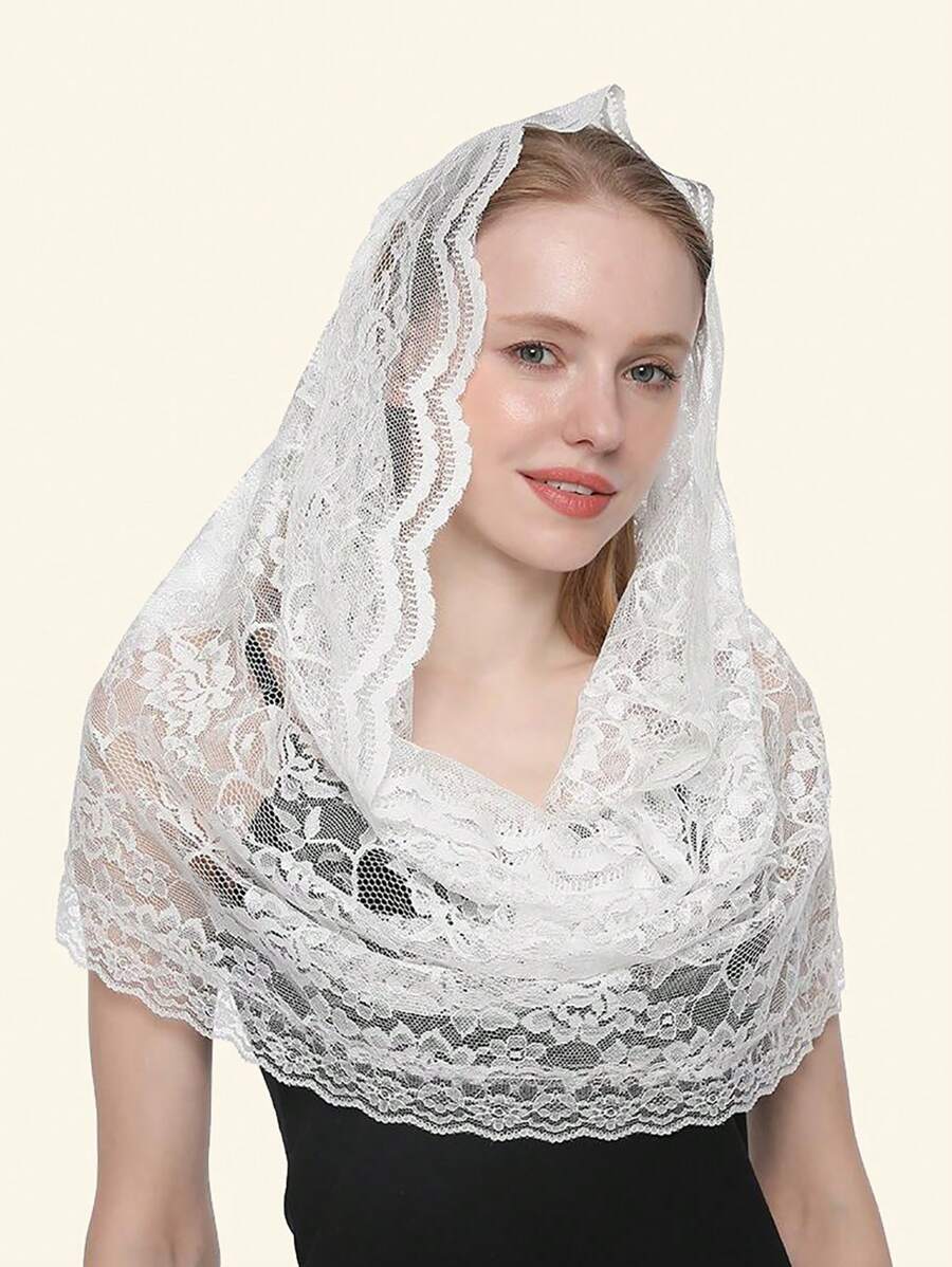 1pc Women's Fashion Solid Color Embroidered Rose Floral Wedding Bride Half-Round Veil Scarf ...