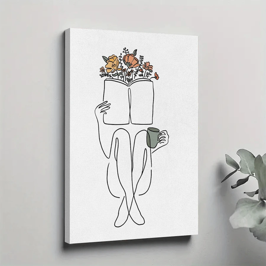 Minimalist Abstract Woman Outline Body Line Drawing Reading Book Wall ...