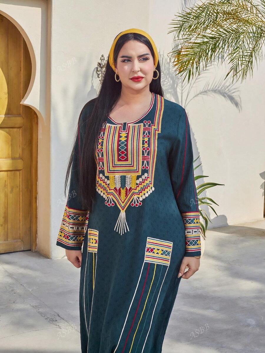 Elegant Embroidered Colorful & Golden Arabian Dress, JALABIA Long ...