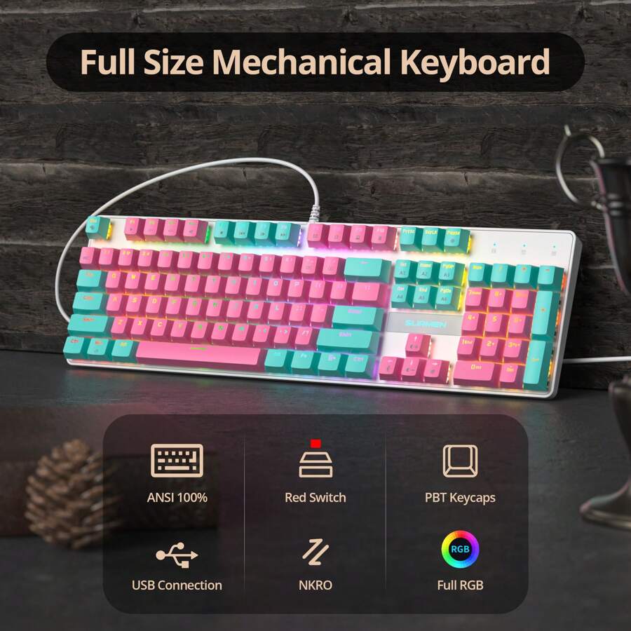 SURMEN American Layout, RGB Gaming Keyboard, 104 Keys Wired Mechanical ...