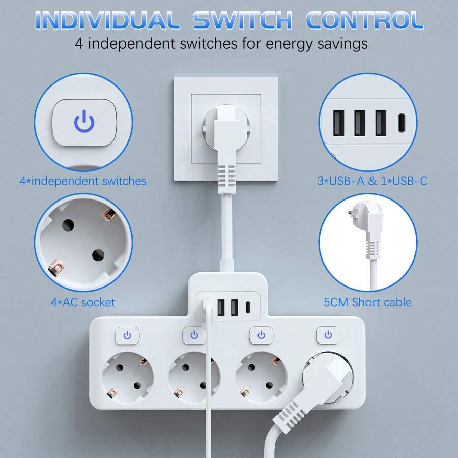 HITRENDS 8-In-1 Power Socket, 4-Way Power Socket, Individually ...