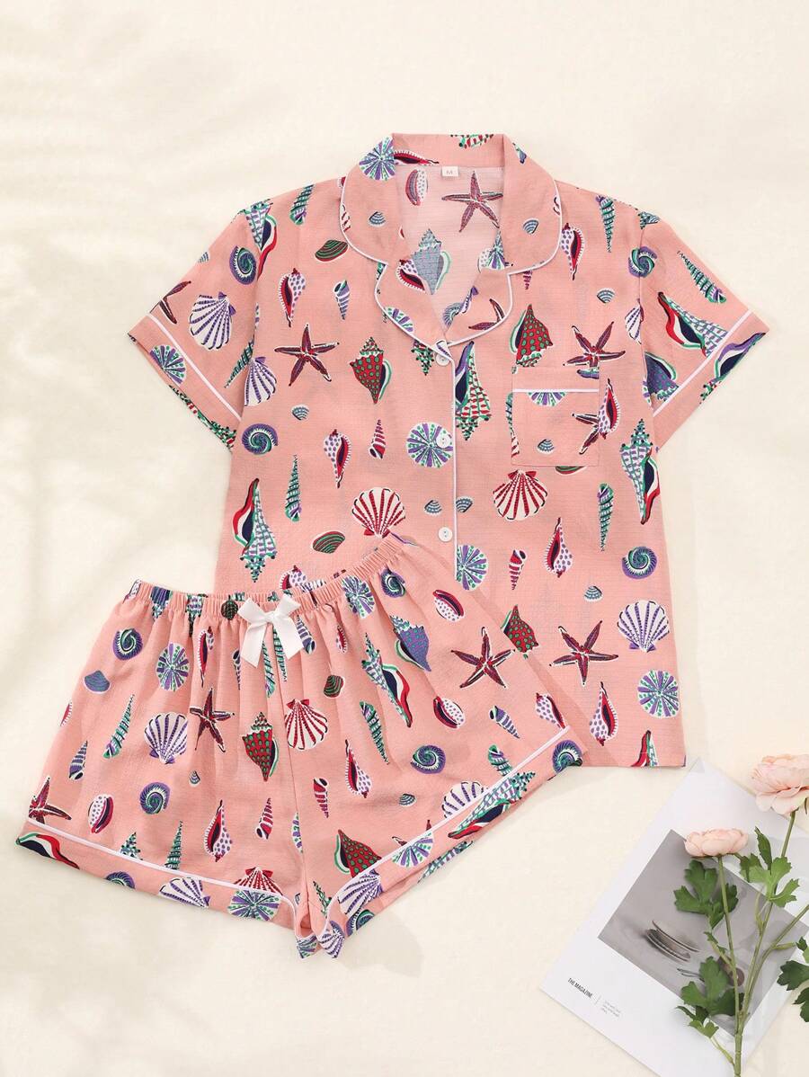 2Pcs Women's Shell Printed V-Neck Button Short Sleeve Single-Breasted ...