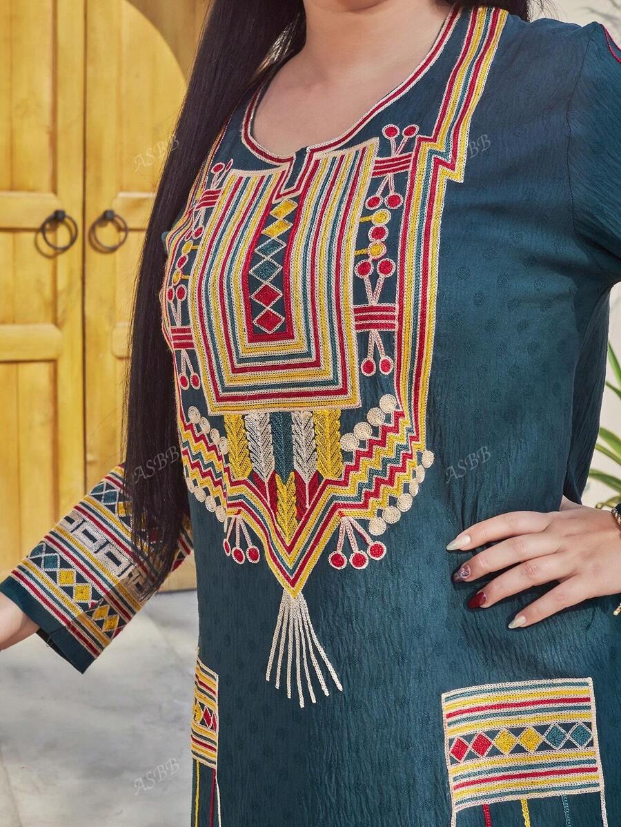 Elegant Embroidered Colorful & Golden Arabian Dress, JALABIA Long ...